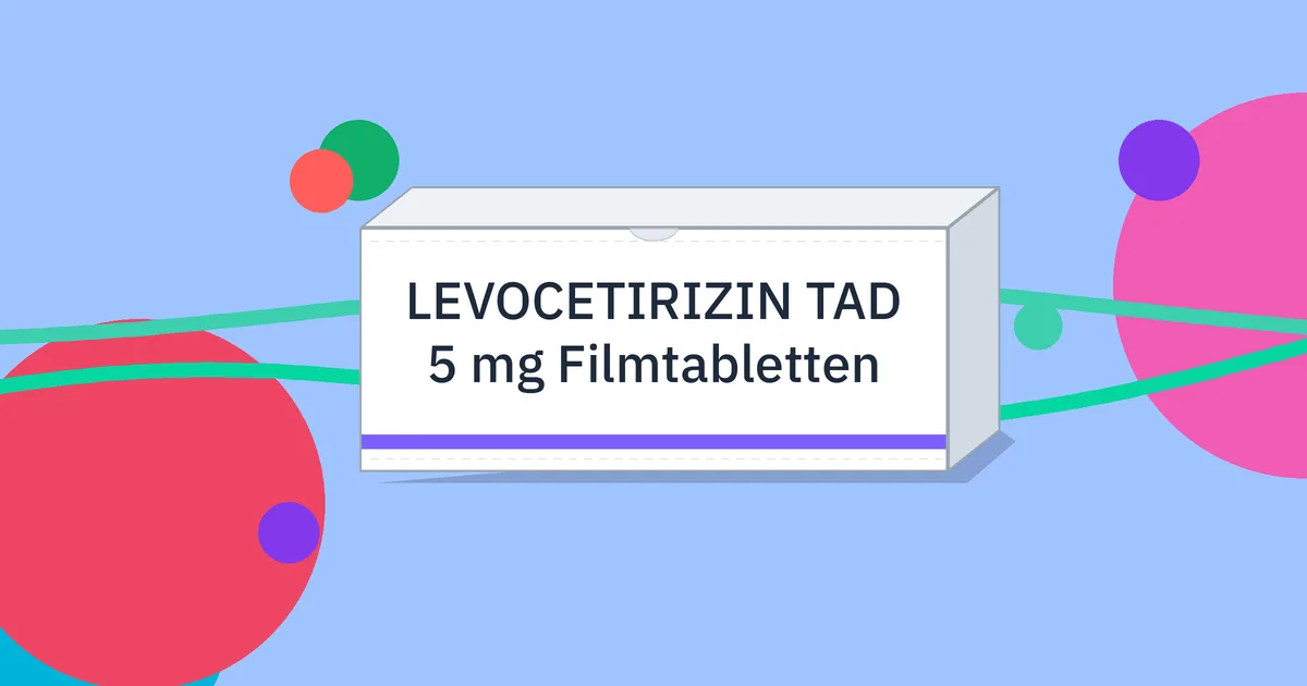 Symbolbild: Packung mit der Aufschrift LEVOCETIRIZIN TAD 5 mg Filmtabletten (PZN 09244904) – Verfügbarkeit und Bezug in Apotheken in Frankfurt am Main