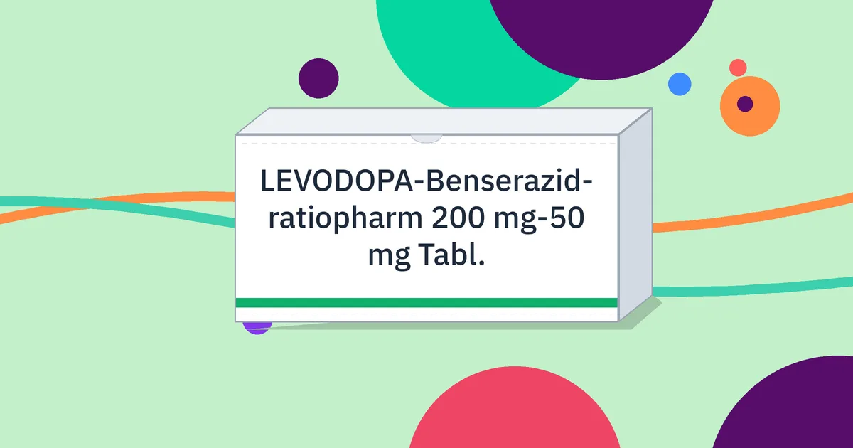 Symbolbild: Packung mit der Aufschrift LEVODOPA-Benserazid-ratiopharm 200 mg-50 mg Tabl. (PZN 09002584) – Verfügbarkeit und Bezug in Apotheken in Frankfurt am Main