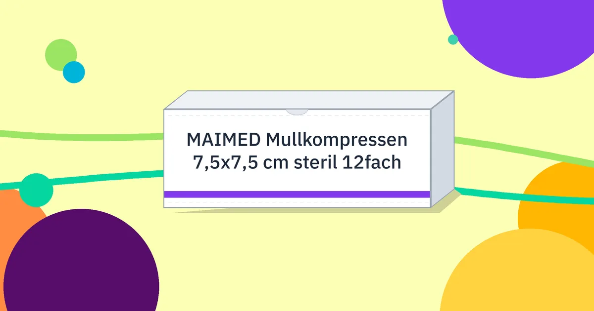 Symbolbild: Packung mit der Aufschrift MAIMED Mullkompressen 7,5x7,5 cm steril 12fach (PZN 20055612) – Verfügbarkeit und Bezug in Apotheken in Frankfurt am Main