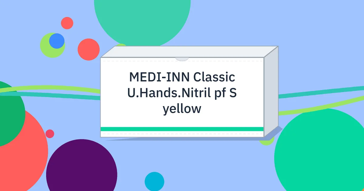 Symbolbild: Packung mit der Aufschrift MEDI-INN Classic U.Hands.Nitril pf S yellow (PZN 18445464) – Verfügbarkeit und Bezug in Apotheken in Frankfurt am Main