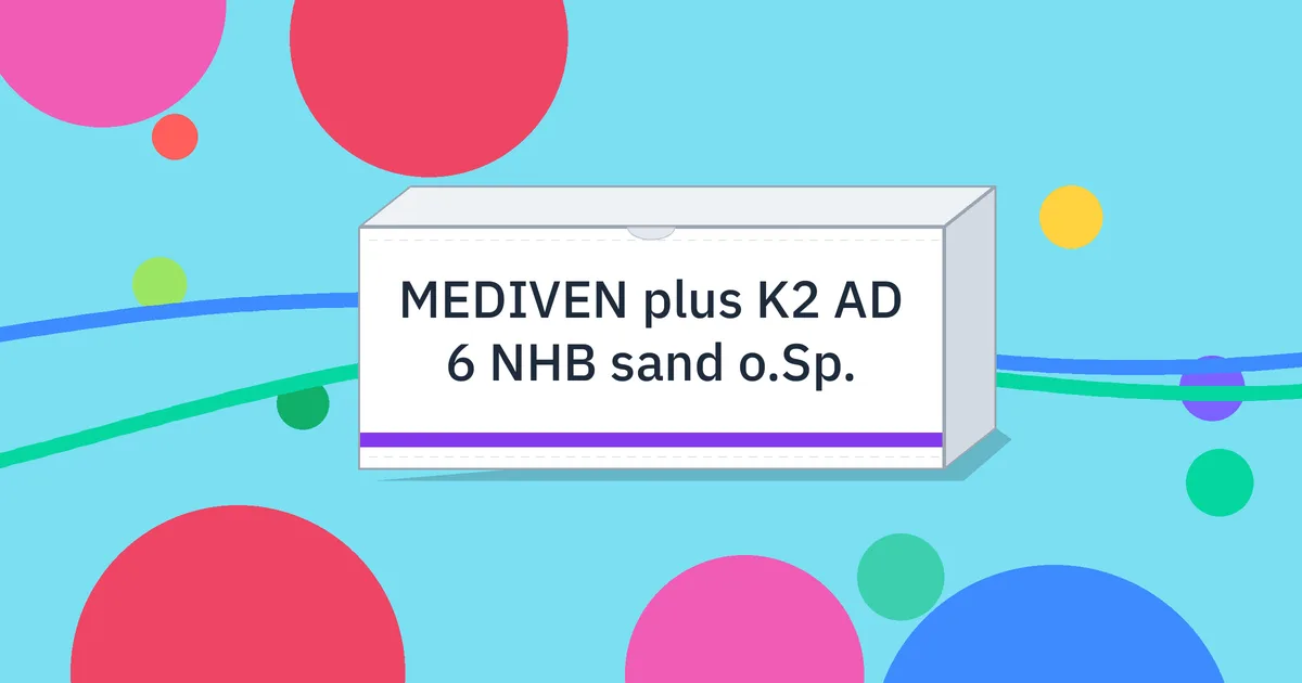 Symbolbild: Packung mit der Aufschrift MEDIVEN plus K2 AD 6 NHB sand o.Sp. (PZN 18946663) – Verfügbarkeit und Bezug in Apotheken in Frankfurt am Main