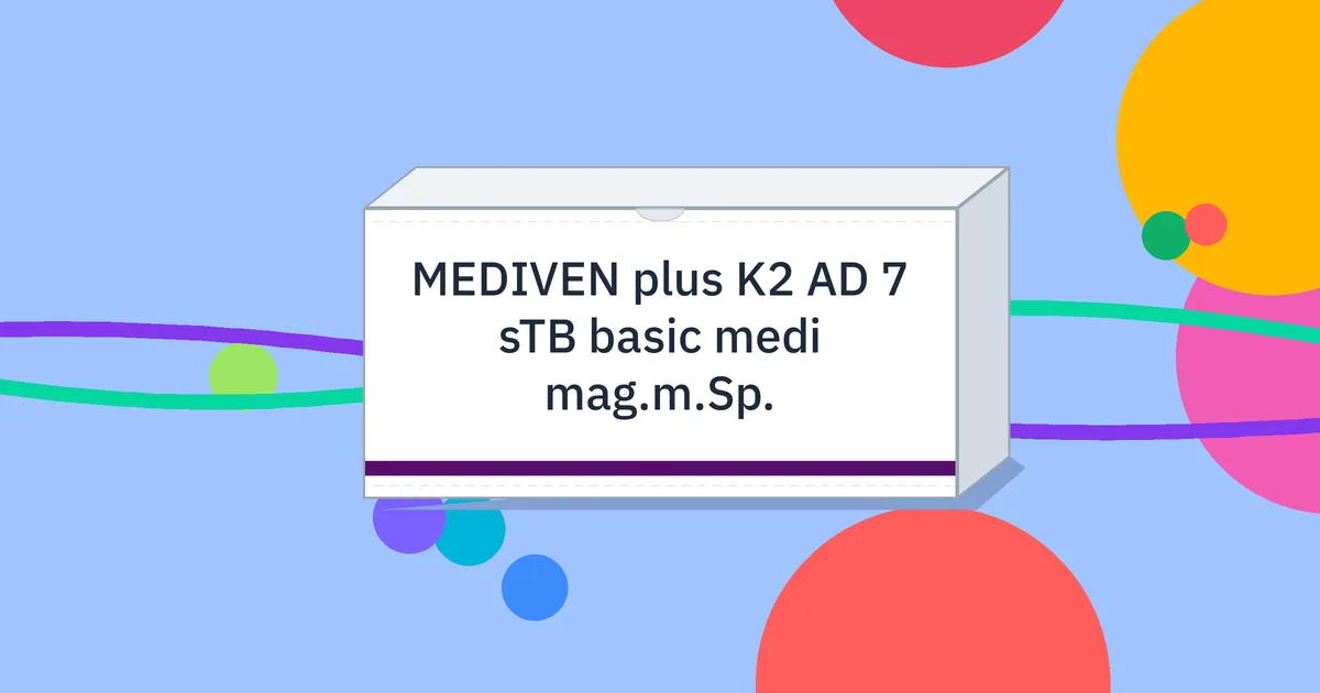 Symbolbild: Packung mit der Aufschrift MEDIVEN plus K2 AD 7 sTB basic medi mag.m.Sp. (PZN 15095986) – Verfügbarkeit und Bezug in Apotheken in Frankfurt am Main