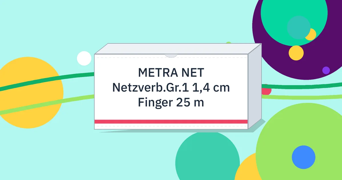 Symbolbild: Packung mit der Aufschrift METRA NET Netzverb.Gr.1 1,4 cm Finger 25 m (PZN 07772450) – Verfügbarkeit und Bezug in Apotheken in Frankfurt am Main