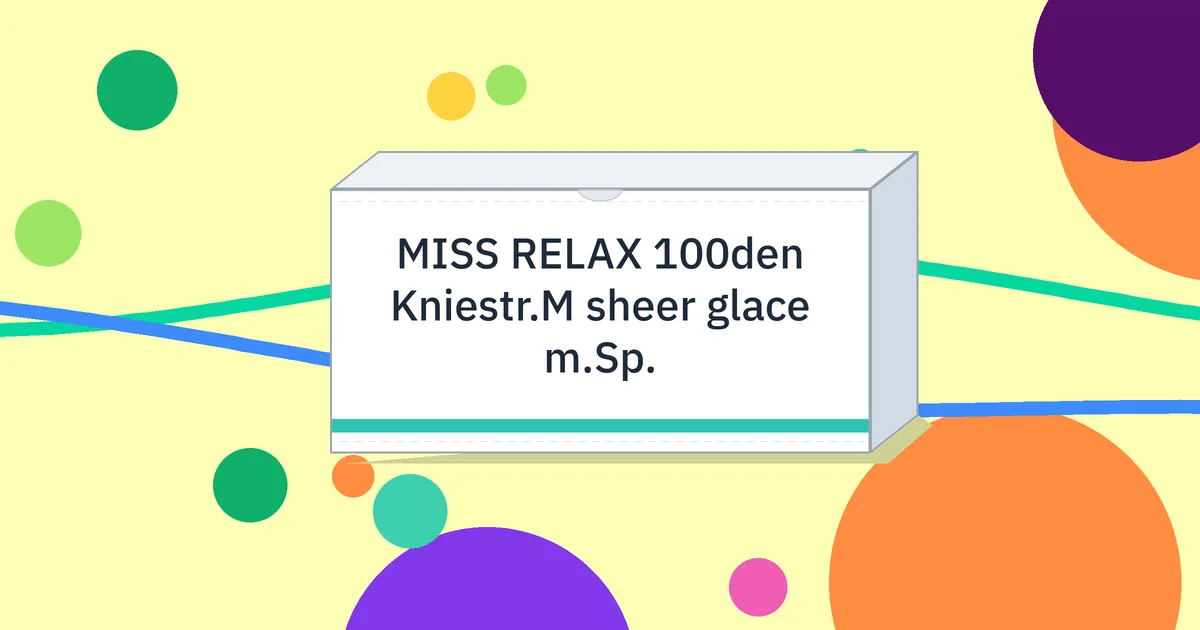 Symbolbild: Packung mit der Aufschrift MISS RELAX 100den Kniestr.M sheer glace m.Sp. (PZN 04266462) – Verfügbarkeit und Bezug in Apotheken in Frankfurt am Main