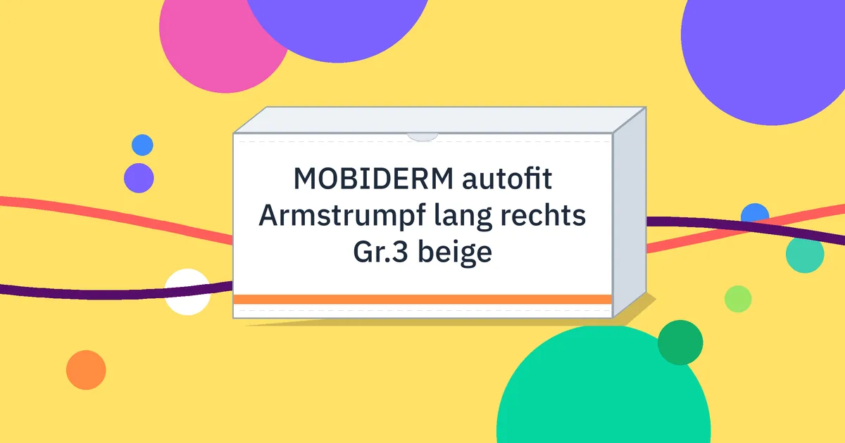 Symbolbild: Packung mit der Aufschrift MOBIDERM autofit Armstrumpf lang rechts Gr.3 beige (PZN 13969702) – Verfügbarkeit und Bezug in Apotheken in Frankfurt am Main