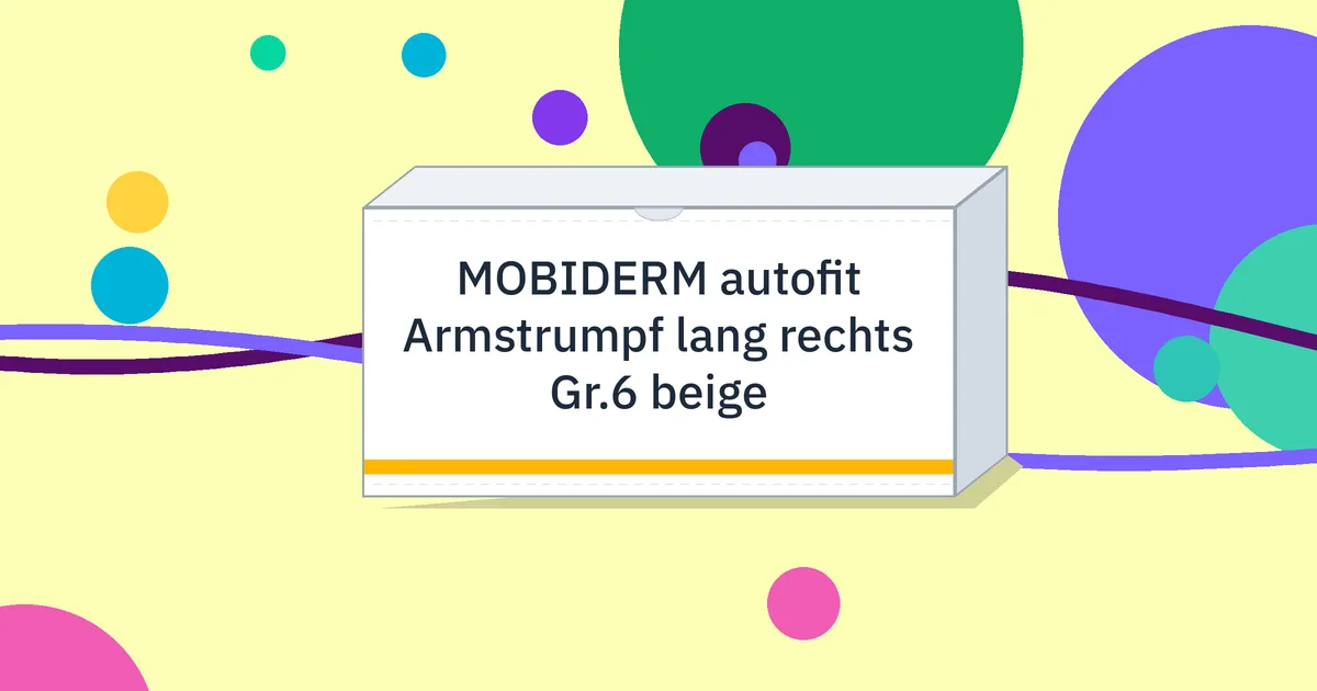 Symbolbild: Packung mit der Aufschrift MOBIDERM autofit Armstrumpf lang rechts Gr.6 beige (PZN 13969872) – Verfügbarkeit und Bezug in Apotheken in Frankfurt am Main