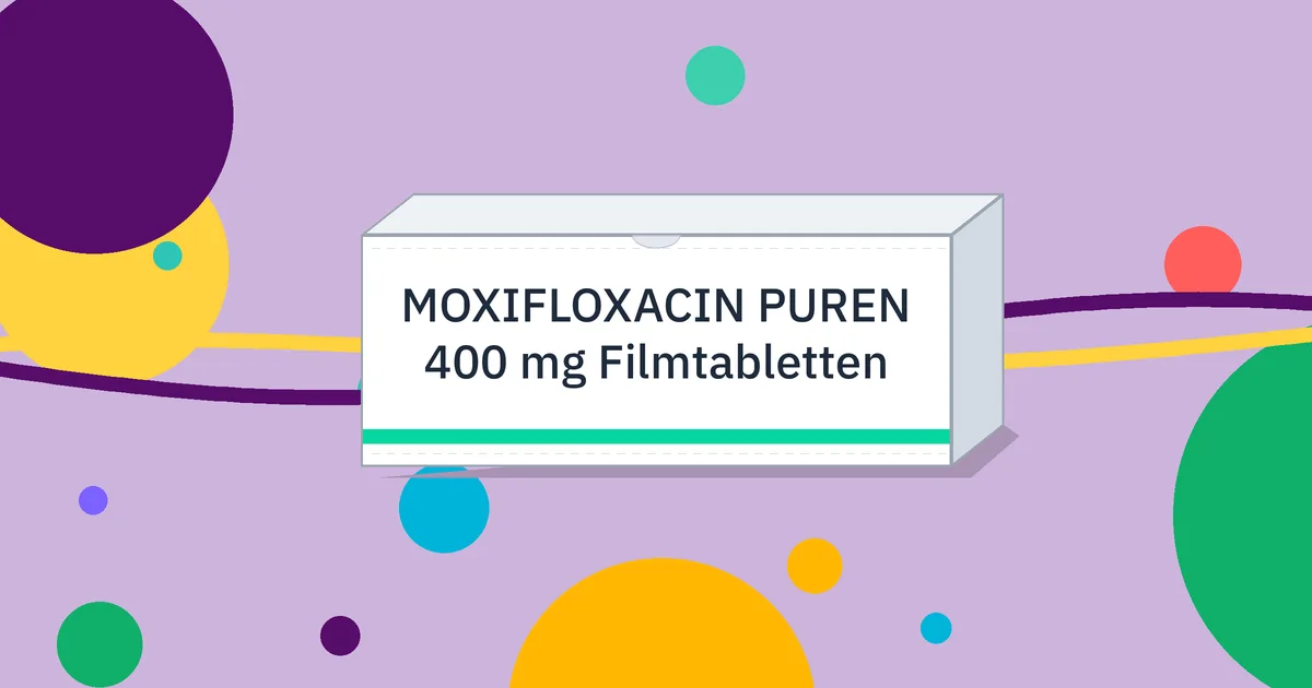 Symbolbild: Packung mit der Aufschrift MOXIFLOXACIN PUREN 400 mg Filmtabletten (PZN 11356591) – Verfügbarkeit und Bezug in Apotheken in Frankfurt am Main