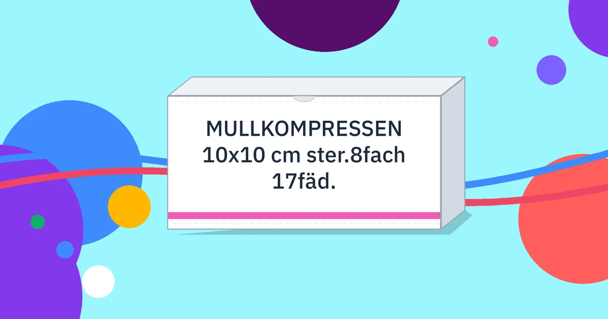 Symbolbild: Packung mit der Aufschrift MULLKOMPRESSEN 10x10 cm ster.8fach 17fäd. (PZN 06929642) – Verfügbarkeit und Bezug in Apotheken in Frankfurt am Main