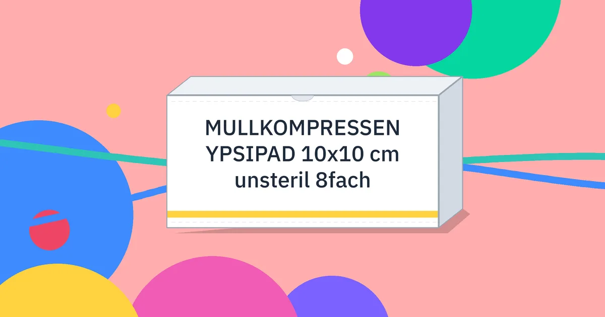 Symbolbild: Packung mit der Aufschrift MULLKOMPRESSEN YPSIPAD 10x10 cm unsteril 8fach (PZN 03262841) – Verfügbarkeit und Bezug in Apotheken in Frankfurt am Main