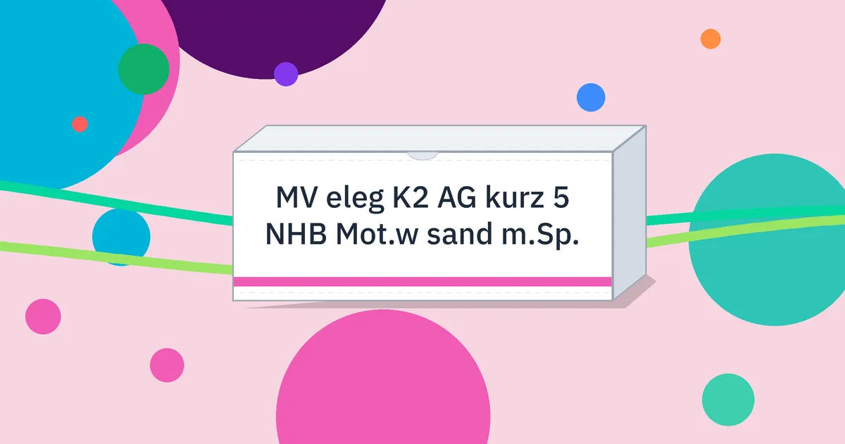 Symbolbild: Packung mit der Aufschrift MV eleg K2 AG kurz 5 NHB Mot.w sand m.Sp. (PZN 18928033) – Verfügbarkeit und Bezug in Apotheken in Frankfurt am Main