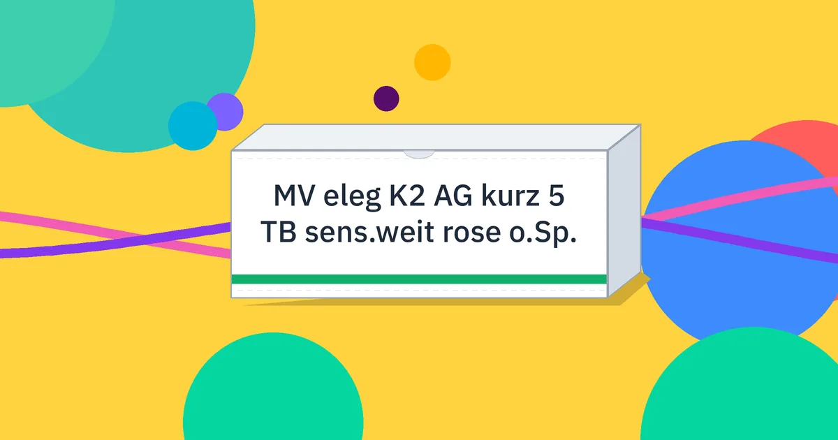 Symbolbild: Packung mit der Aufschrift MV eleg K2 AG kurz 5 TB sens.weit rose o.Sp. (PZN 14697387) – Verfügbarkeit und Bezug in Apotheken in Frankfurt am Main