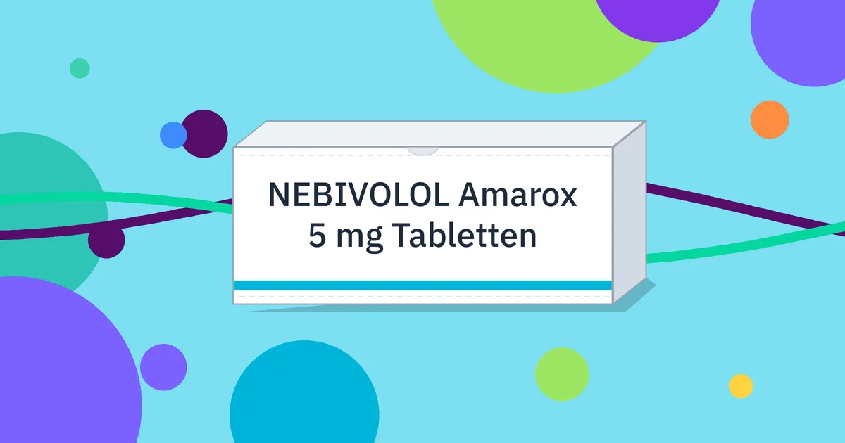 Symbolbild: Packung mit der Aufschrift NEBIVOLOL Amarox 5 mg Tabletten (PZN 16351865) – Verfügbarkeit und Bezug in Apotheken in Frankfurt am Main