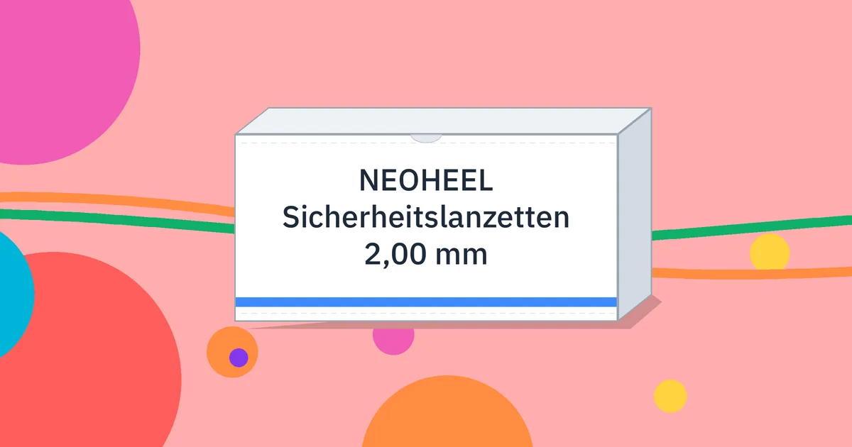 Symbolbild: Packung mit der Aufschrift NEOHEEL Sicherheitslanzetten 2,00 mm (PZN 19065031) – Verfügbarkeit und Bezug in Apotheken in Frankfurt am Main