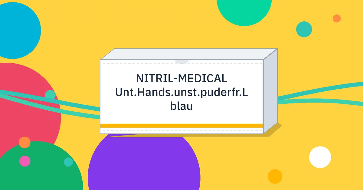 Symbolbild: Packung mit der Aufschrift NITRIL-MEDICAL Unt.Hands.unst.puderfr.L blau (PZN 18408233) – Verfügbarkeit und Bezug in Apotheken in Frankfurt am Main