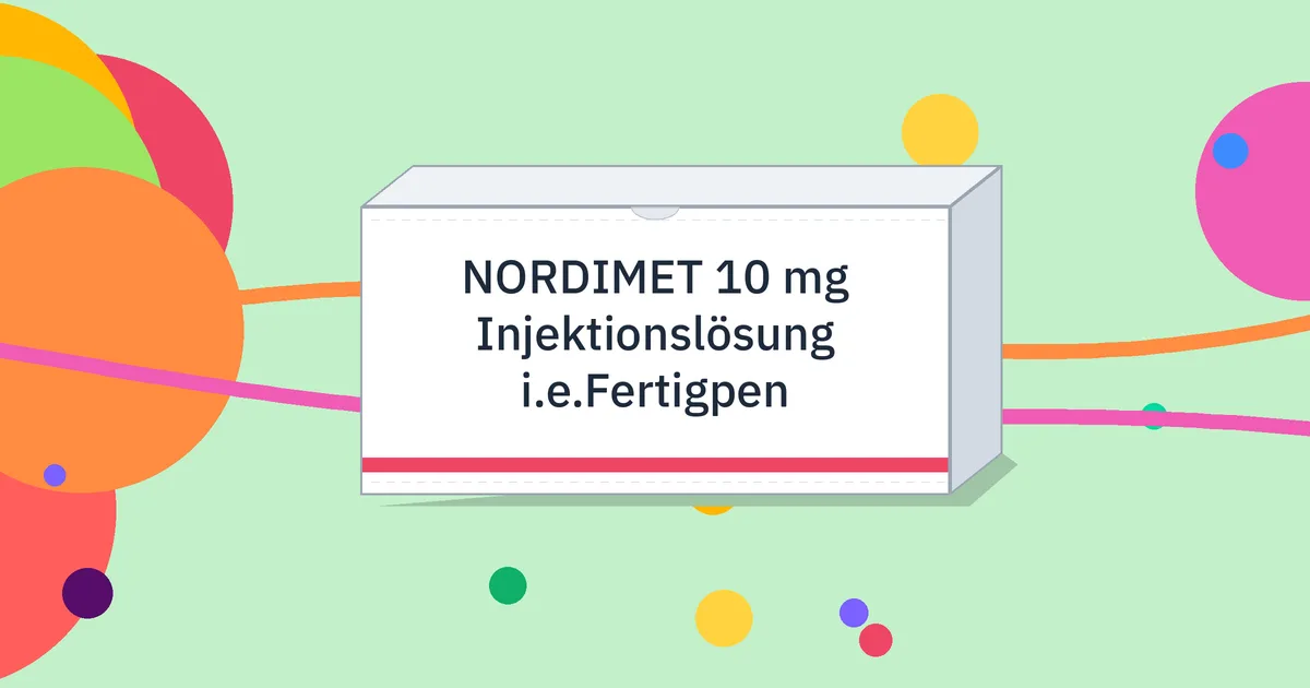 Symbolbild: Packung mit der Aufschrift NORDIMET 10 mg Injektionslösung i.e.Fertigpen (PZN 15264377) – Verfügbarkeit und Bezug in Apotheken in Frankfurt am Main