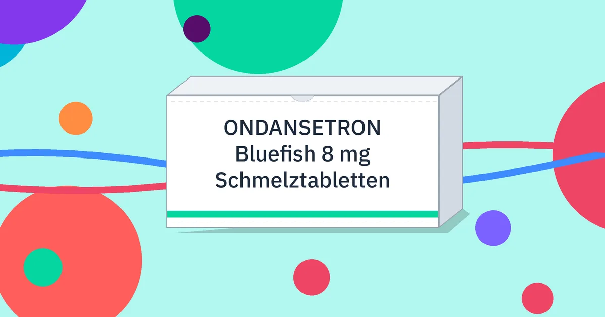 Symbolbild: Packung mit der Aufschrift ONDANSETRON Bluefish 8 mg Schmelztabletten (PZN 05116173) – Verfügbarkeit und Bezug in Apotheken in Frankfurt am Main
