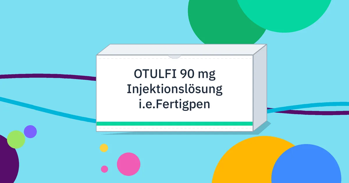Symbolbild: Packung mit der Aufschrift OTULFI 90 mg Injektionslösung i.e.Fertigpen (PZN 19541313) – Verfügbarkeit und Bezug in Apotheken in Frankfurt am Main