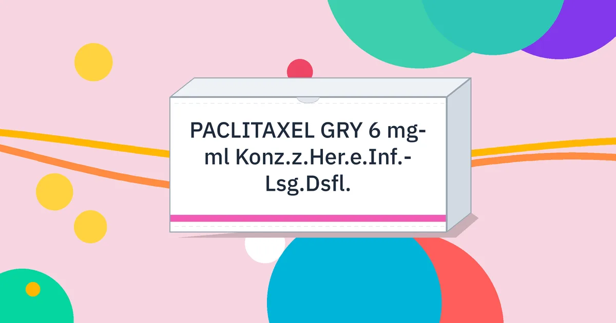 Symbolbild: Packung mit der Aufschrift PACLITAXEL GRY 6 mg-ml Konz.z.Her.e.Inf.-Lsg.Dsfl. (PZN 11551418) – Verfügbarkeit und Bezug in Apotheken in Frankfurt am Main