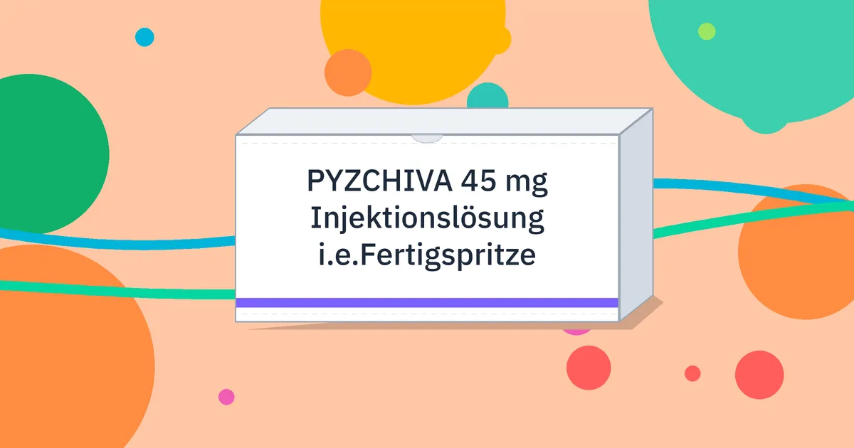 Symbolbild: Packung mit der Aufschrift PYZCHIVA 45 mg Injektionslösung i.e.Fertigspritze (PZN 19685667) – Verfügbarkeit und Bezug in Apotheken in Frankfurt am Main