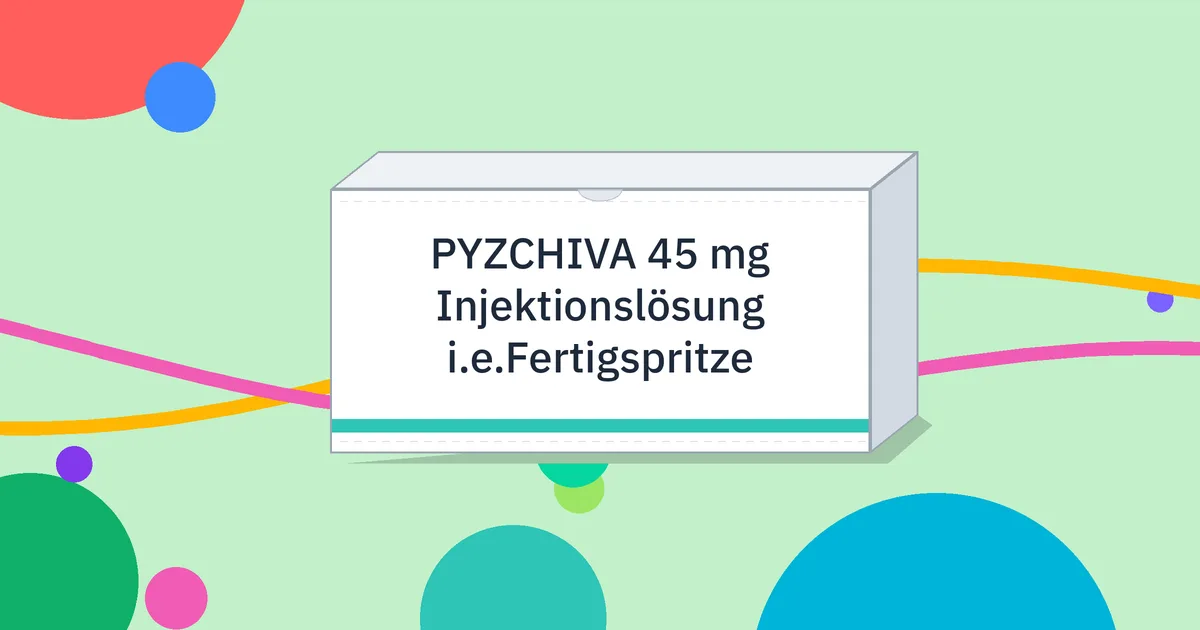Symbolbild: Packung mit der Aufschrift PYZCHIVA 45 mg Injektionslösung i.e.Fertigspritze (PZN 20359648) – Verfügbarkeit und Bezug in Apotheken in Frankfurt am Main