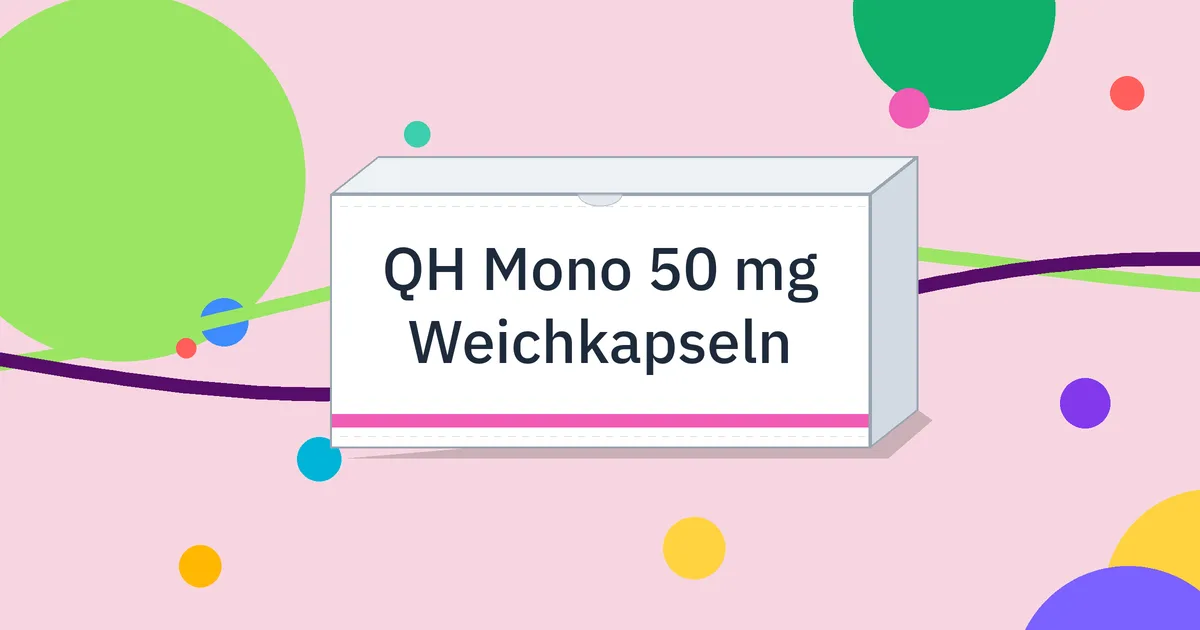 Symbolbild: Packung mit der Aufschrift QH Mono 50 mg Weichkapseln (PZN 15587092) – Verfügbarkeit und Bezug in Apotheken in Frankfurt am Main
