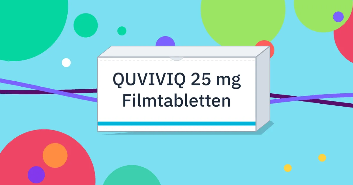 Symbolbild: Packung mit der Aufschrift QUVIVIQ 25 mg Filmtabletten (PZN 19668203) – Verfügbarkeit und Bezug in Apotheken in Frankfurt am Main