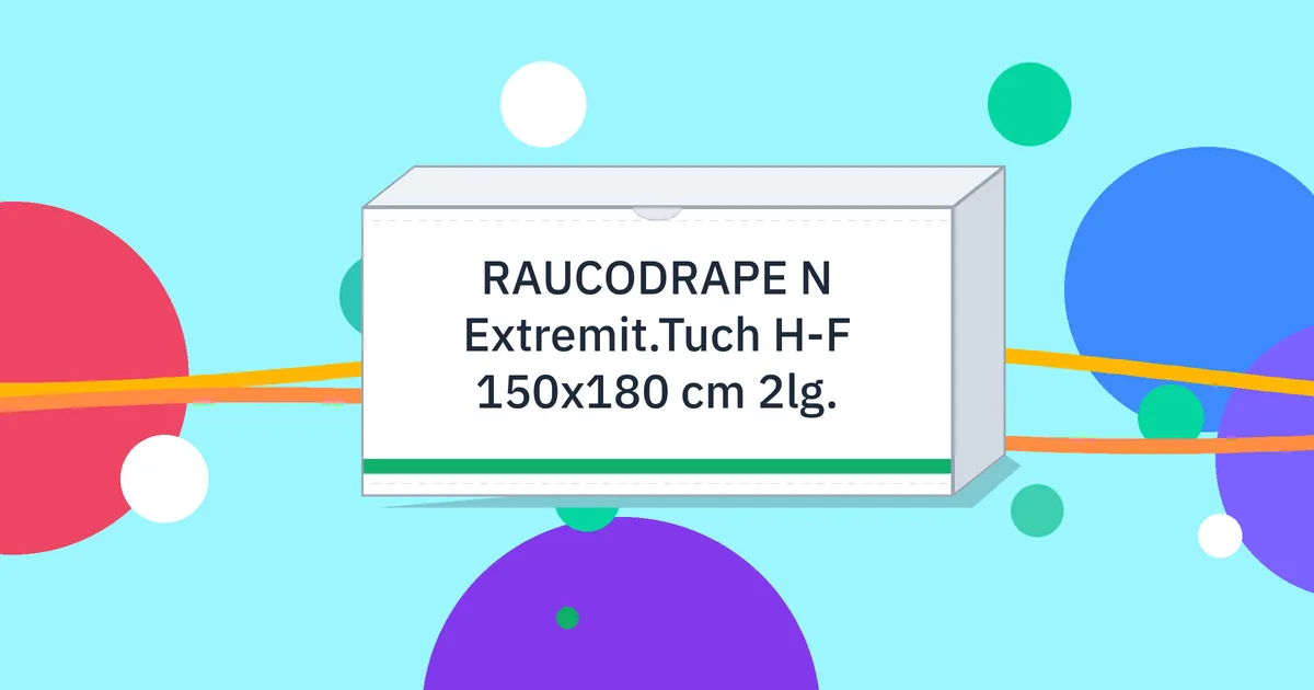 Symbolbild: Packung mit der Aufschrift RAUCODRAPE N Extremit.Tuch H-F 150x180 cm 2lg. (PZN 06680473) – Verfügbarkeit und Bezug in Apotheken in Frankfurt am Main