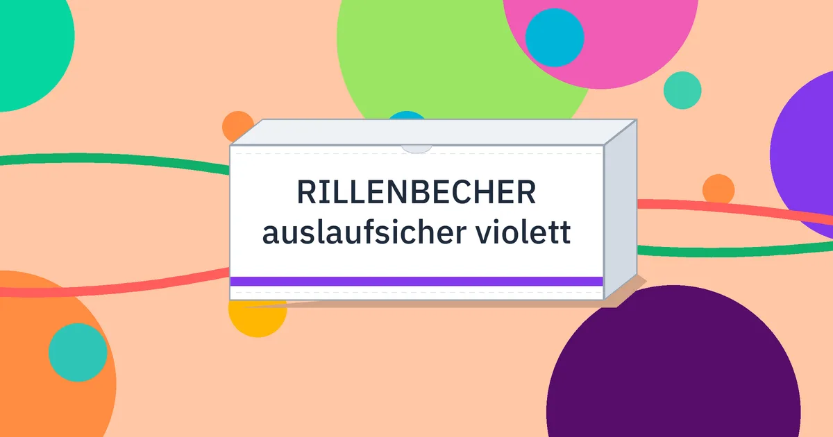Symbolbild: Packung mit der Aufschrift RILLENBECHER auslaufsicher violett (PZN 00905190) – Verfügbarkeit und Bezug in Apotheken in Frankfurt am Main
