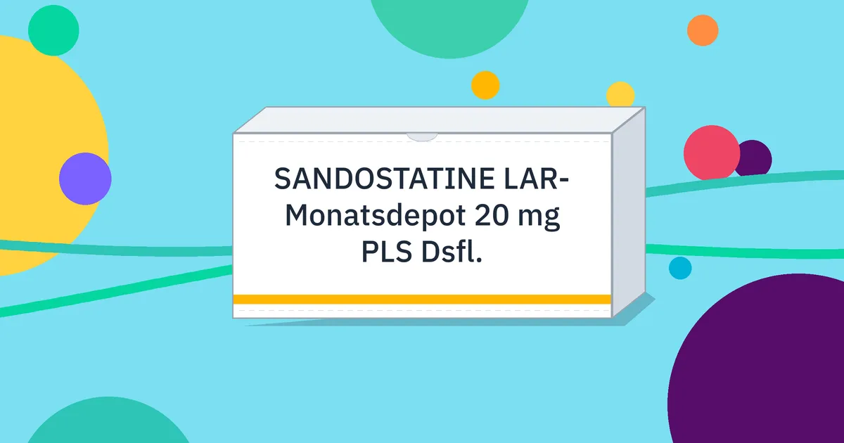 Symbolbild: Packung mit der Aufschrift SANDOSTATINE LAR-Monatsdepot 20 mg PLS Dsfl. (PZN 19261329) – Verfügbarkeit und Bezug in Apotheken in Frankfurt am Main