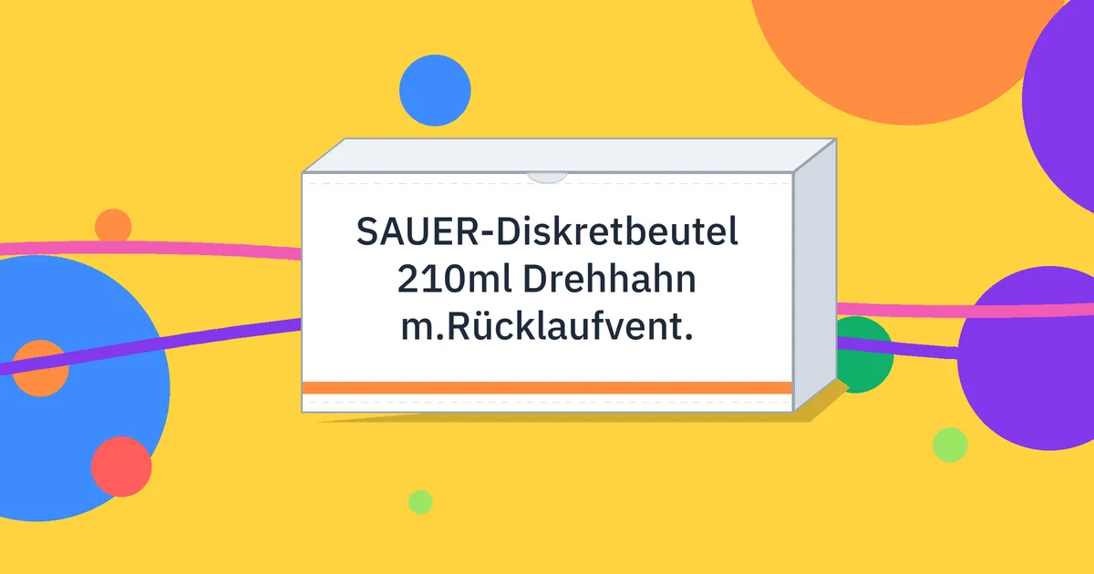 Symbolbild: Packung mit der Aufschrift SAUER-Diskretbeutel 210ml Drehhahn m.Rücklaufvent. (PZN 18782641) – Verfügbarkeit und Bezug in Apotheken in Frankfurt am Main