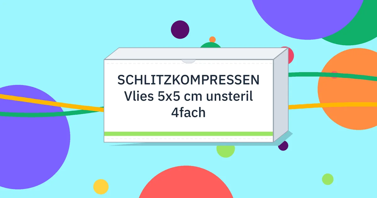 Symbolbild: Packung mit der Aufschrift SCHLITZKOMPRESSEN Vlies 5x5 cm unsteril 4fach (PZN 01330768) – Verfügbarkeit und Bezug in Apotheken in Frankfurt am Main