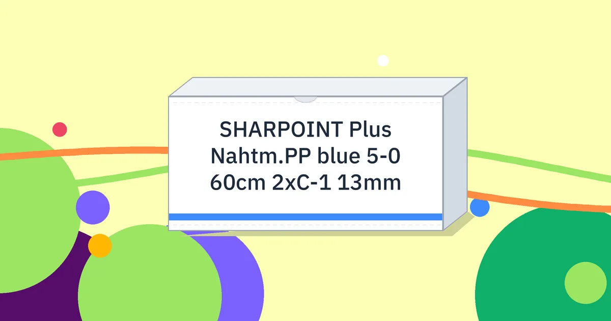 Symbolbild: Packung mit der Aufschrift SHARPOINT Plus Nahtm.PP blue 5-0 60cm 2xC-1 13mm (PZN 17986034) – Verfügbarkeit und Bezug in Apotheken in Frankfurt am Main