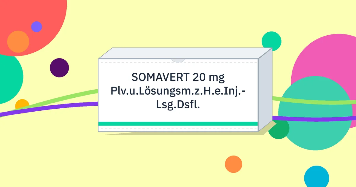 Symbolbild: Packung mit der Aufschrift SOMAVERT 20 mg Plv.u.Lösungsm.z.H.e.Inj.-Lsg.Dsfl. (PZN 20338215) – Verfügbarkeit und Bezug in Apotheken in Frankfurt am Main