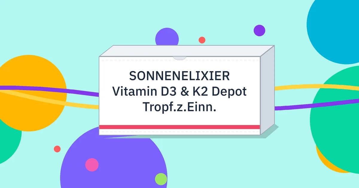 Symbolbild: Packung mit der Aufschrift SONNENELIXIER Vitamin D3 & K2 Depot Tropf.z.Einn. (PZN 18195665) – Verfügbarkeit und Bezug in Apotheken in Frankfurt am Main