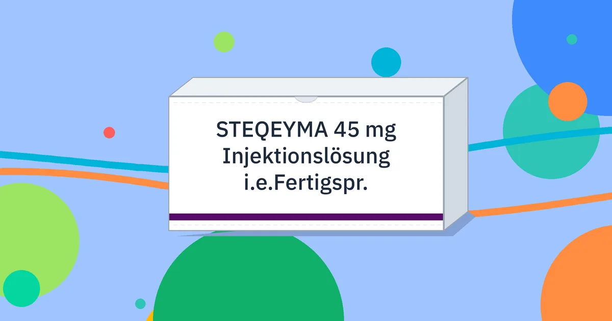 Symbolbild: Packung mit der Aufschrift STEQEYMA 45 mg Injektionslösung i.e.Fertigspr. (PZN 20143262) – Verfügbarkeit und Bezug in Apotheken in Frankfurt am Main