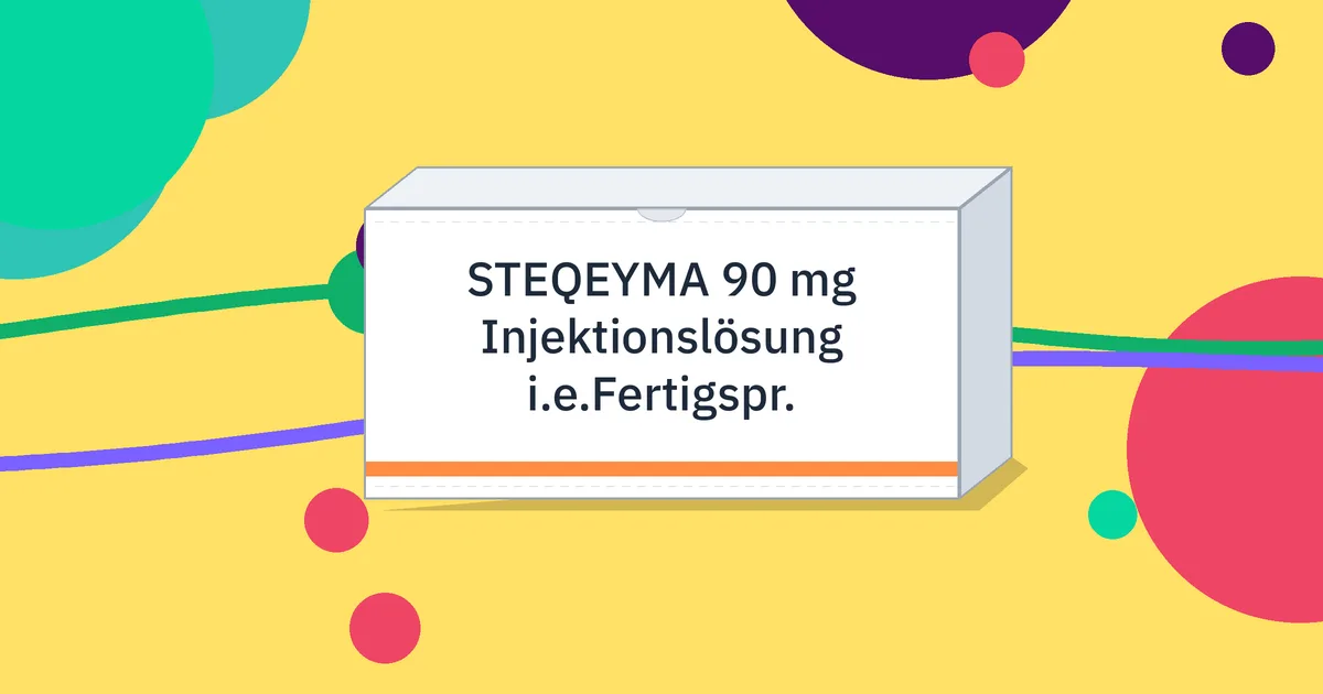 Symbolbild: Packung mit der Aufschrift STEQEYMA 90 mg Injektionslösung i.e.Fertigspr. (PZN 19885923) – Verfügbarkeit und Bezug in Apotheken in Frankfurt am Main