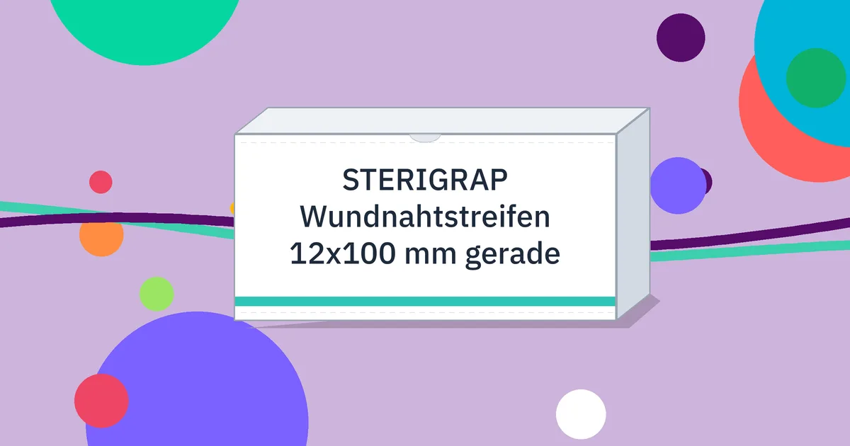 Symbolbild: Packung mit der Aufschrift STERIGRAP Wundnahtstreifen 12x100 mm gerade (PZN 20129115) – Verfügbarkeit und Bezug in Apotheken in Frankfurt am Main