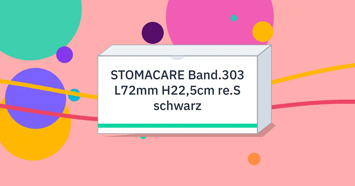 Symbolbild: Packung mit der Aufschrift STOMACARE Band.303 L72mm H22,5cm re.S schwarz (PZN 10841120) – Verfügbarkeit und Bezug in Apotheken in Frankfurt am Main