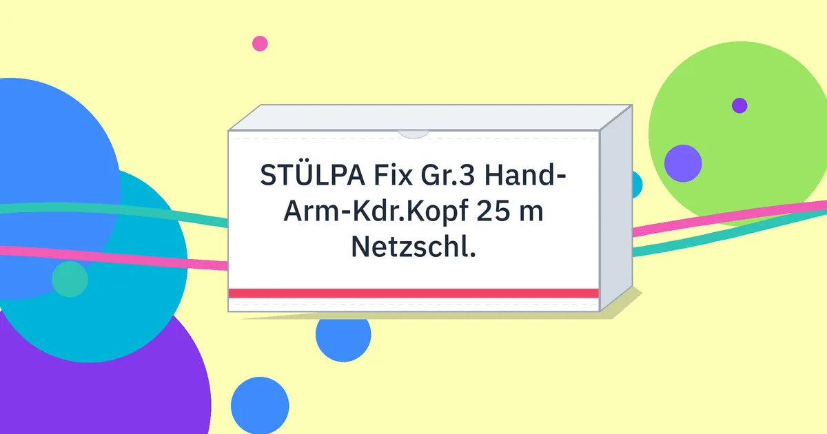 Symbolbild: Packung mit der Aufschrift STÜLPA Fix Gr.3 Hand-Arm-Kdr.Kopf 25 m Netzschl. (PZN 19177215) – Verfügbarkeit und Bezug in Apotheken in Frankfurt am Main