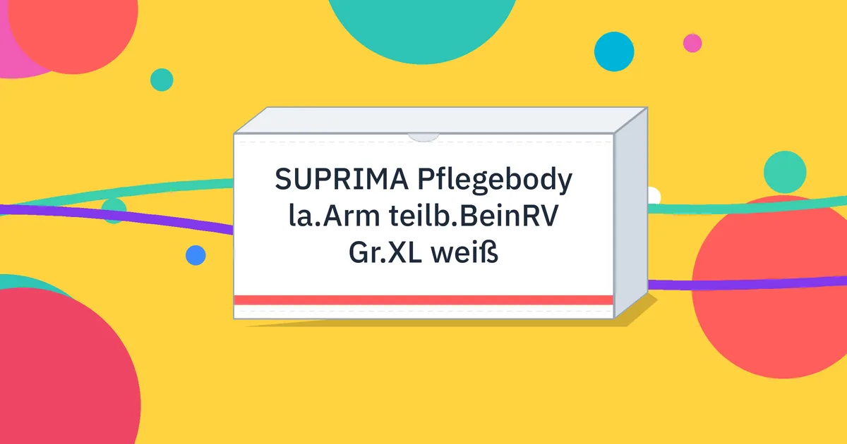 Symbolbild: Packung mit der Aufschrift SUPRIMA Pflegebody la.Arm teilb.BeinRV Gr.XL weiß (PZN 09785563) – Verfügbarkeit und Bezug in Apotheken in Frankfurt am Main