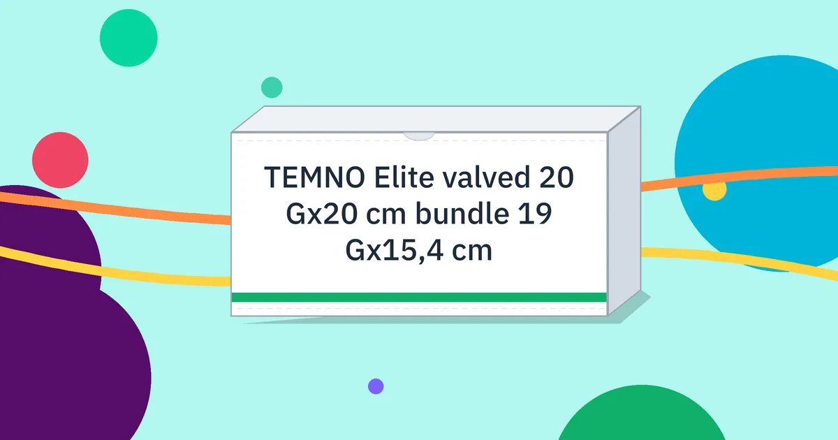 Symbolbild: Packung mit der Aufschrift TEMNO Elite valved 20 Gx20 cm bundle 19 Gx15,4 cm (PZN 18765743) – Verfügbarkeit und Bezug in Apotheken in Frankfurt am Main