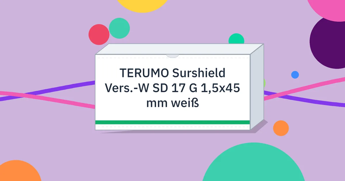 Symbolbild: Packung mit der Aufschrift TERUMO Surshield Vers.-W SD 17 G 1,5x45 mm weiß (PZN 17630567) – Verfügbarkeit und Bezug in Apotheken in Frankfurt am Main