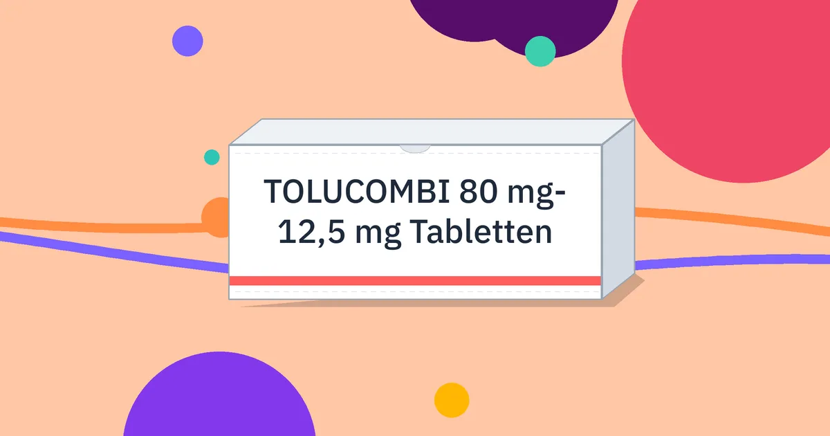 Symbolbild: Packung mit der Aufschrift TOLUCOMBI 80 mg-12,5 mg Tabletten (PZN 10299939) – Verfügbarkeit und Bezug in Apotheken in Frankfurt am Main