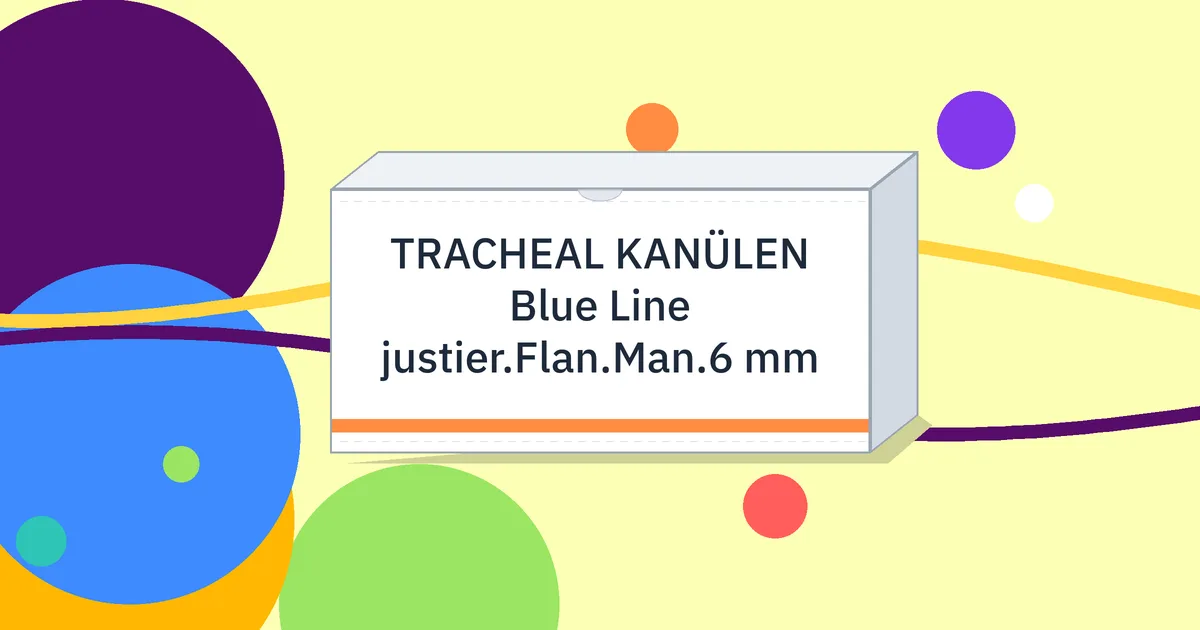 Symbolbild: Packung mit der Aufschrift TRACHEAL KANÜLEN Blue Line justier.Flan.Man.6 mm (PZN 02408946) – Verfügbarkeit und Bezug in Apotheken in Frankfurt am Main