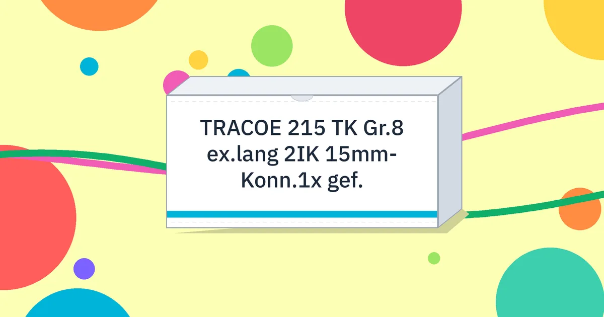 Symbolbild: Packung mit der Aufschrift TRACOE 215 TK Gr.8 ex.lang 2IK 15mm-Konn.1x gef. (PZN 11643646) – Verfügbarkeit und Bezug in Apotheken in Frankfurt am Main