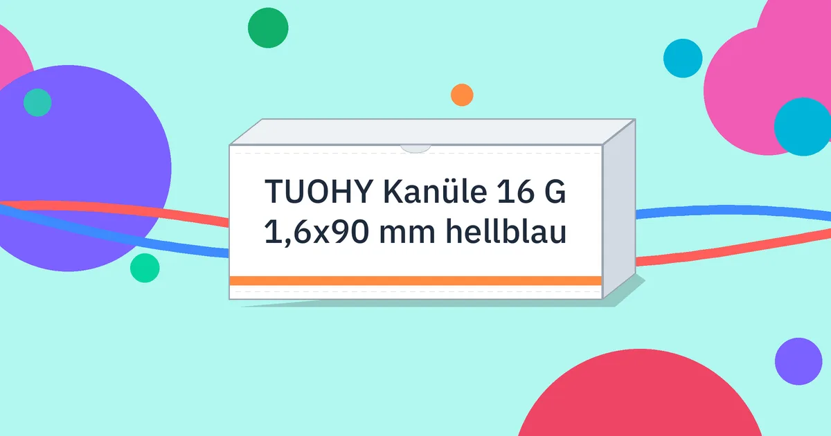 Symbolbild: Packung mit der Aufschrift TUOHY Kanüle 16 G 1,6x90 mm hellblau (PZN 00867733) – Verfügbarkeit und Bezug in Apotheken in Frankfurt am Main