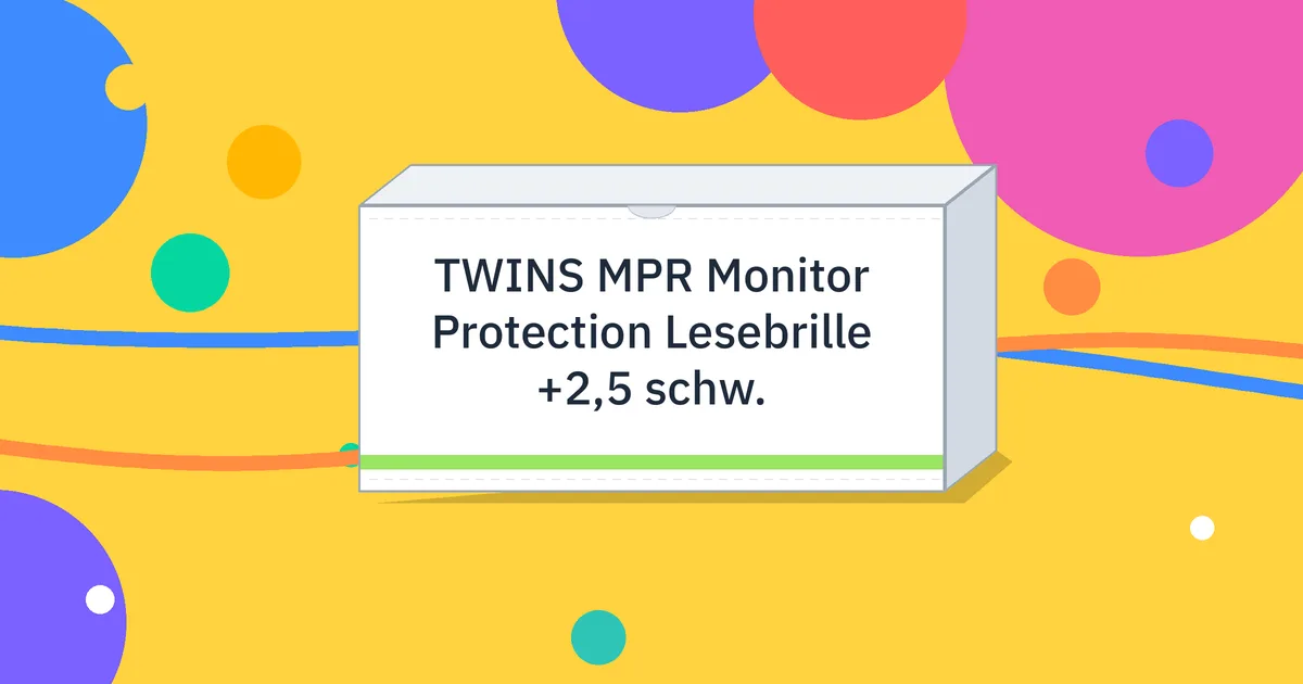 Symbolbild: Packung mit der Aufschrift TWINS MPR Monitor Protection Lesebrille +2,5 schw. (PZN 13344273) – Verfügbarkeit und Bezug in Apotheken in Frankfurt am Main
