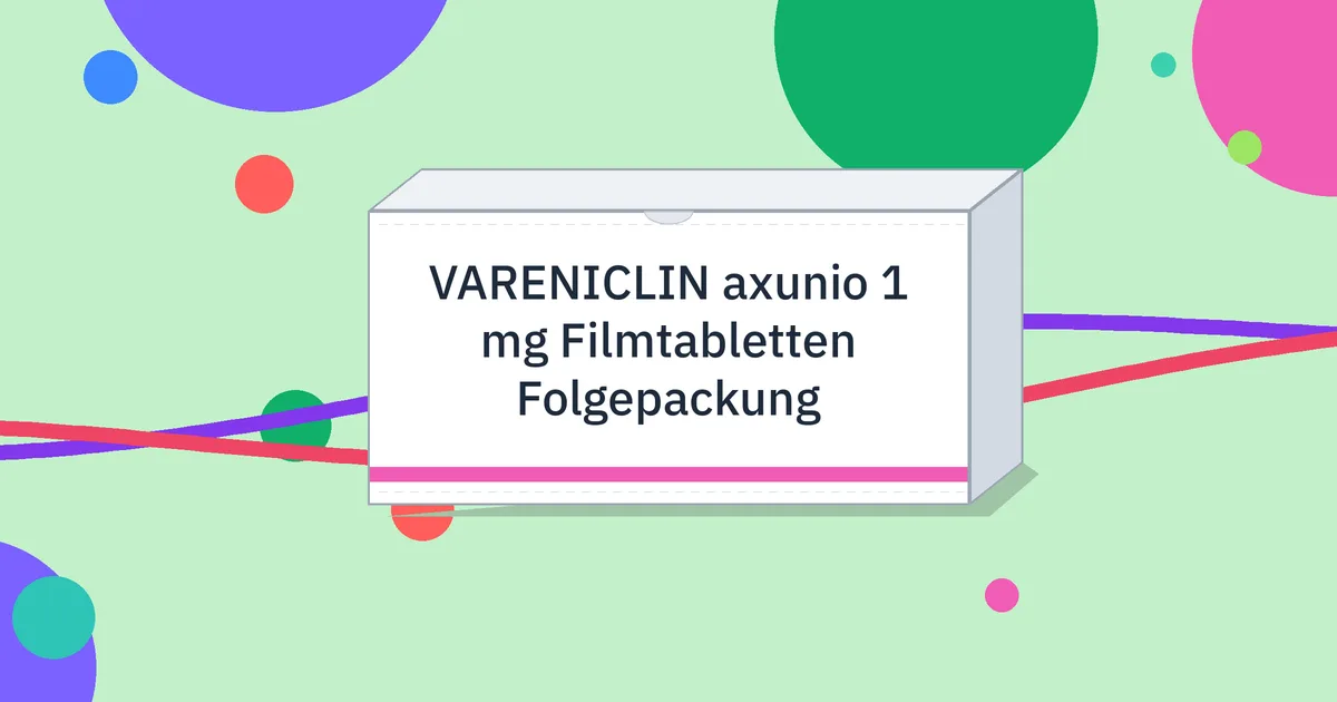 Symbolbild: Packung mit der Aufschrift VARENICLIN axunio 1 mg Filmtabletten Folgepackung (PZN 19725616) – Verfügbarkeit und Bezug in Apotheken in Frankfurt am Main