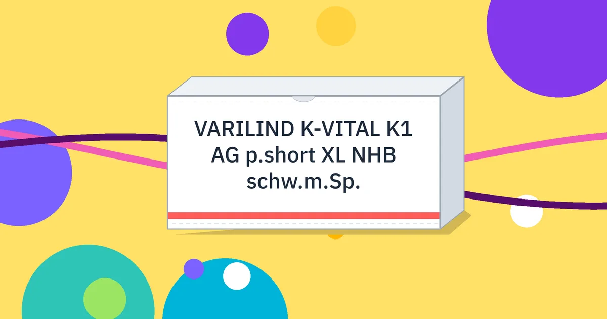 Symbolbild: Packung mit der Aufschrift VARILIND K-VITAL K1 AG p.short XL NHB schw.m.Sp. (PZN 20563544) – Verfügbarkeit und Bezug in Apotheken in Frankfurt am Main