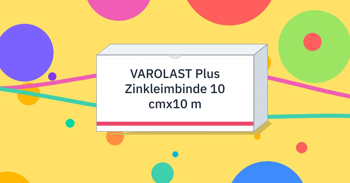 Symbolbild: Packung mit der Aufschrift VAROLAST Plus Zinkleimbinde 10 cmx10 m (PZN 15824190) – Verfügbarkeit und Bezug in Apotheken in Frankfurt am Main